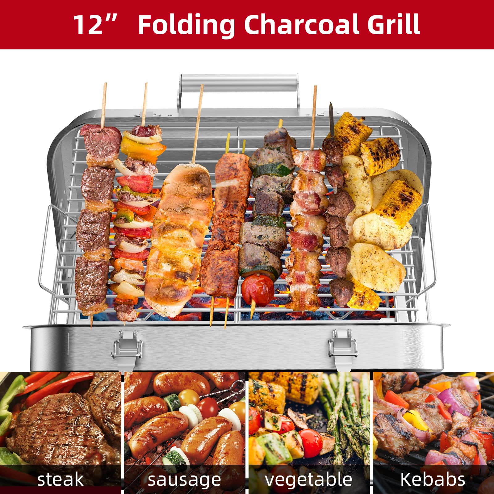 Charcoal Grill COWEKAI Portable Folding Barbecue Grill BBQ Smoker Stainless Steel Durable Tabletop Tool Kits for Outdoor Picnic Patio Backyard Camping Cooking (BK-15.7"L× 12.6"H × 12.4"W)