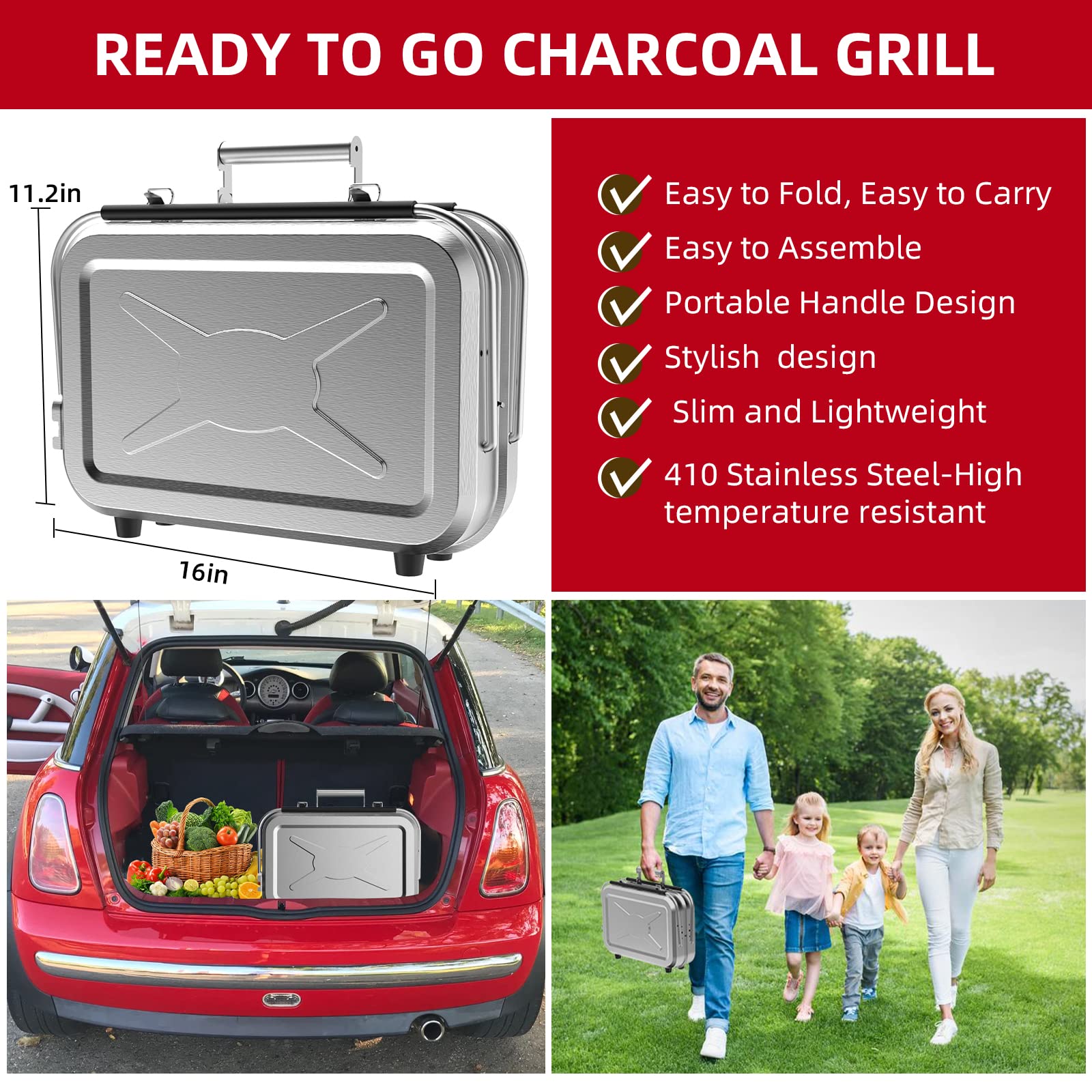 Charcoal Grill COWEKAI Portable Folding Barbecue Grill BBQ Smoker Stainless Steel Durable Tabletop Tool Kits for Outdoor Picnic Patio Backyard Camping Cooking (BK-15.7"L× 12.6"H × 12.4"W)