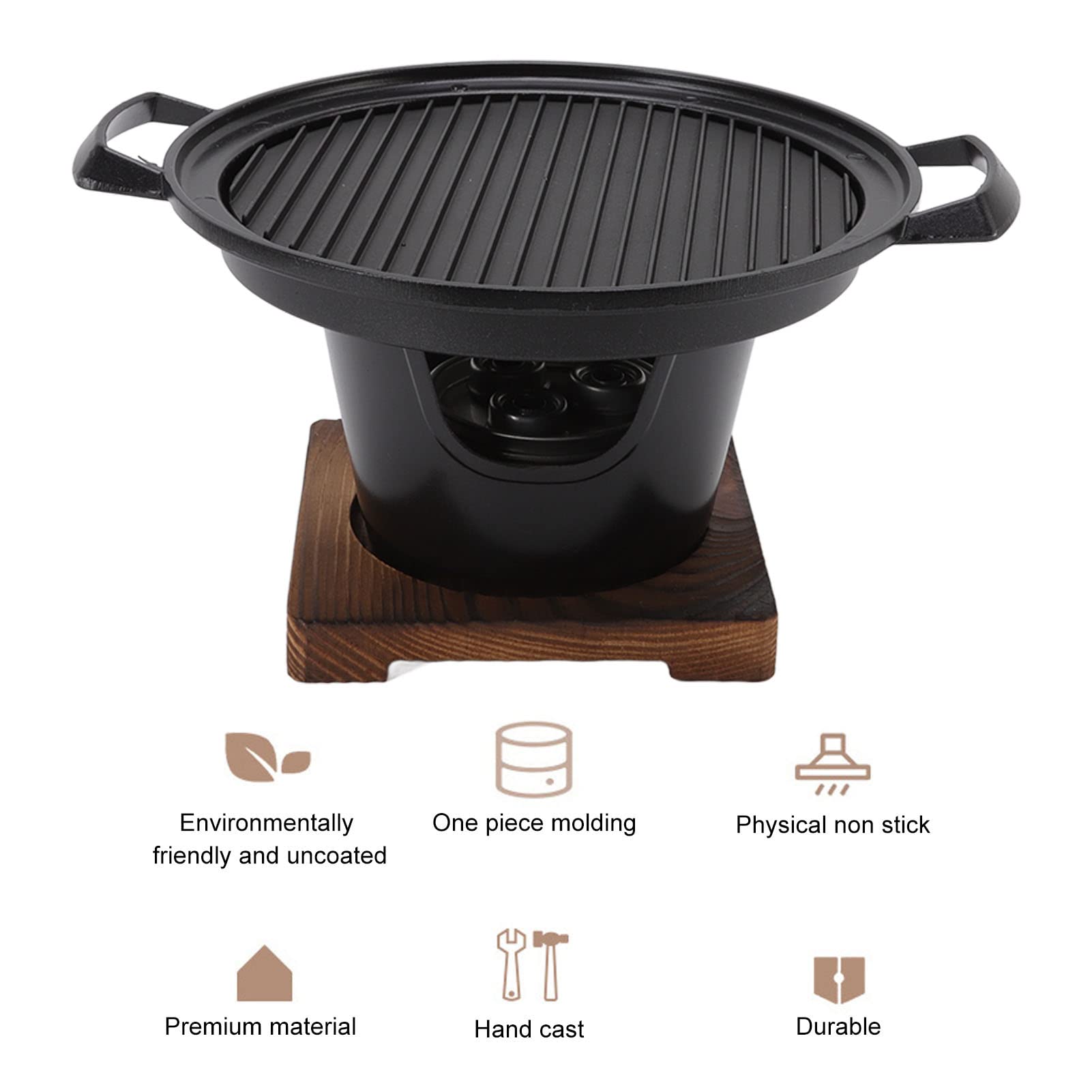 Charcoal Grill, 10.2in Portable Charcoal Grill Japanese Hibachi Grill with Wooden Base, Portable Grill Smokeless Cast Iron Hibachi Grill Grill Tabletop Grill