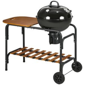 outsunny charcoal grill bbq, 21-inch rolling backyard barbecue with chopping block table, a cutting board, shelf, wheels, vents & thermometer, black