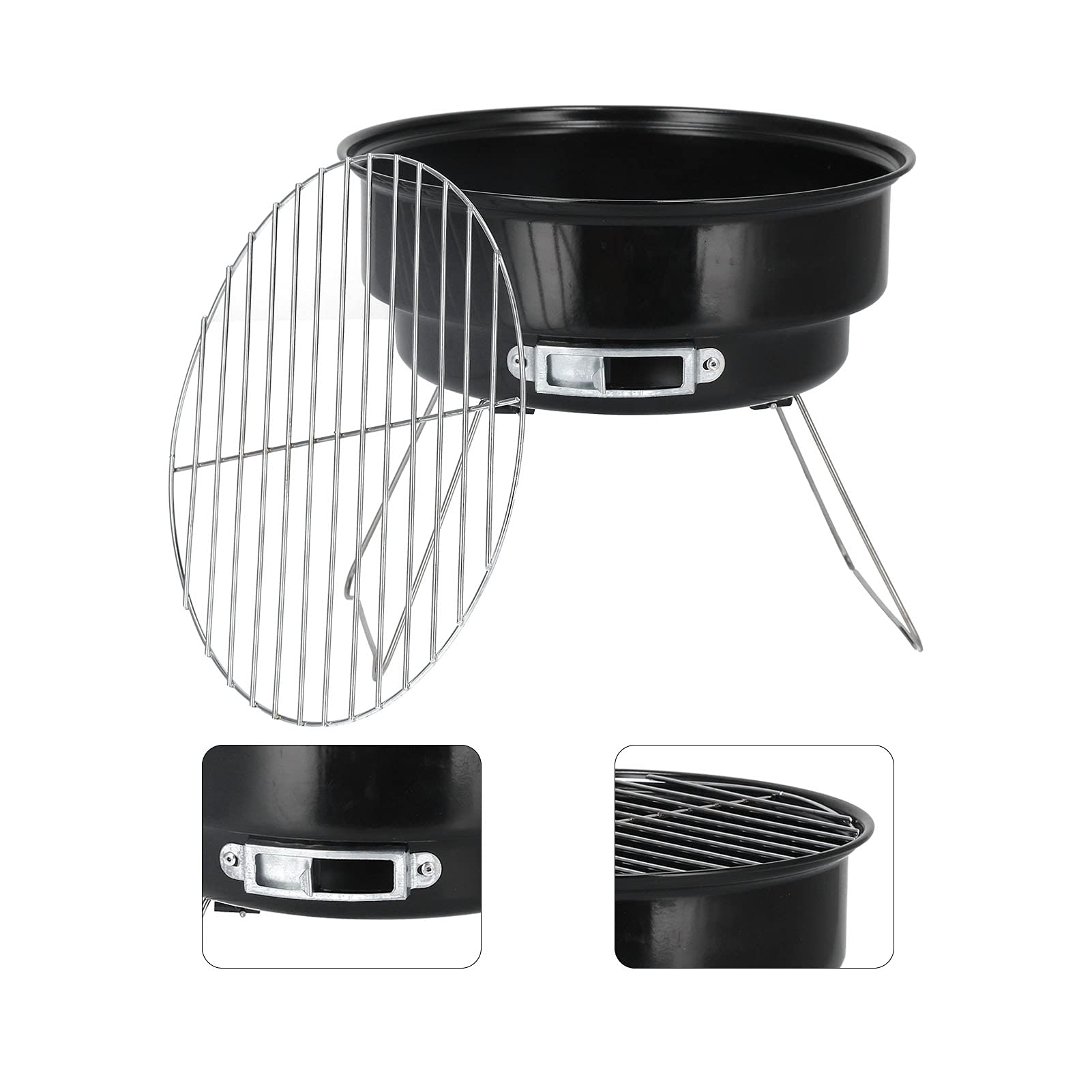 BBQ Grill Round, Mini Round Charcoal Grill, Portable Stainless Steel Barbecue Grills, Black Non stick Iron Roaster and Smoker for Home Kitchen Picnic Camping, with 2 Grilling Net