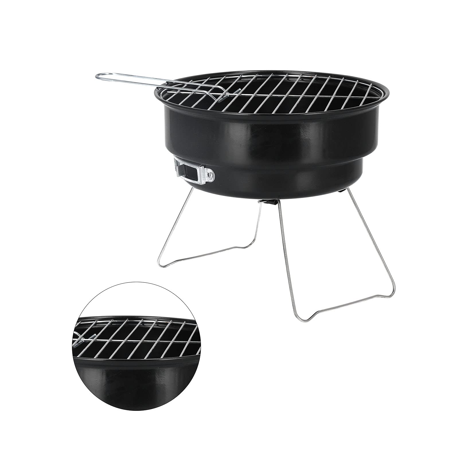 BBQ Grill Round, Mini Round Charcoal Grill, Portable Stainless Steel Barbecue Grills, Black Non stick Iron Roaster and Smoker for Home Kitchen Picnic Camping, with 2 Grilling Net