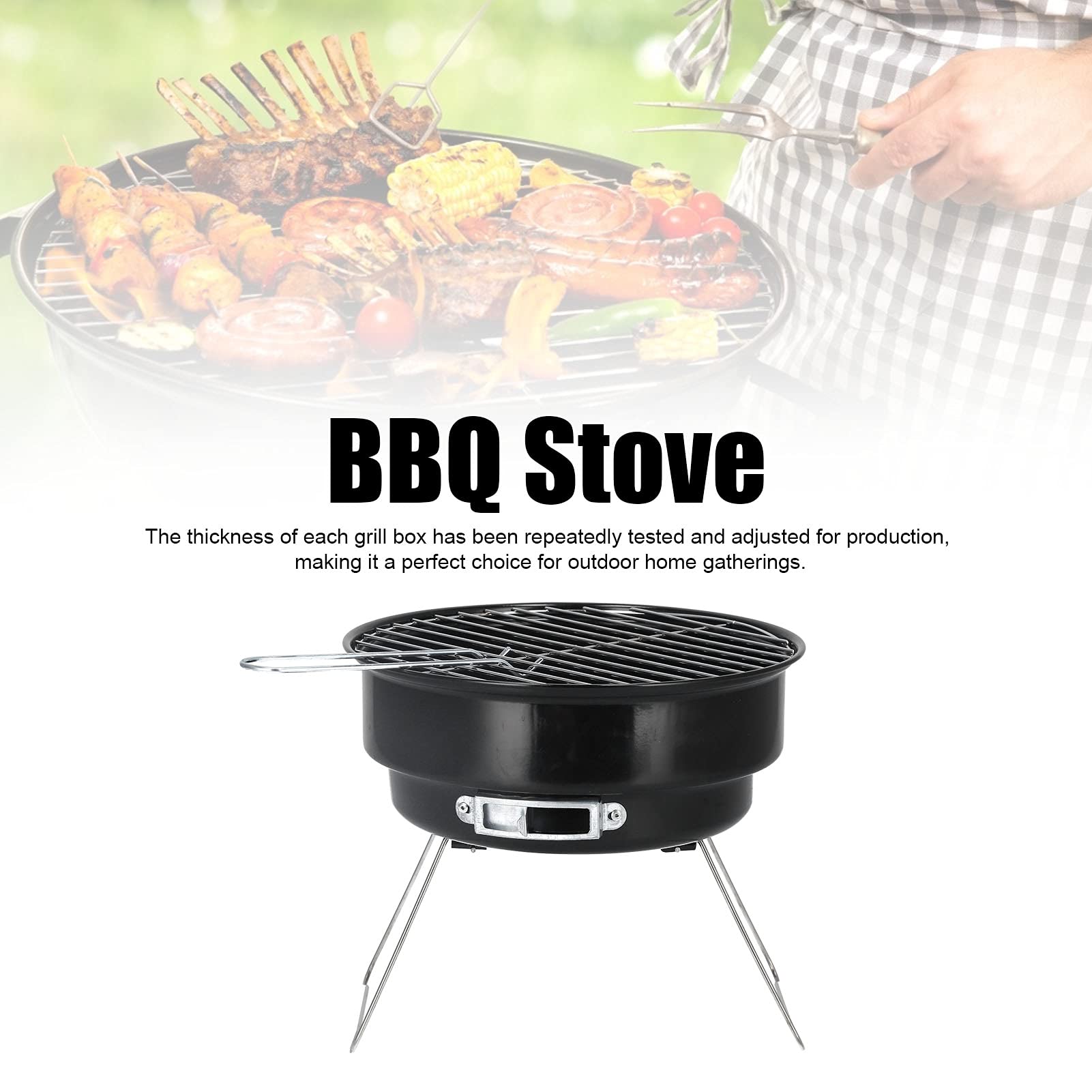 BBQ Grill Round, Mini Round Charcoal Grill, Portable Stainless Steel Barbecue Grills, Black Non stick Iron Roaster and Smoker for Home Kitchen Picnic Camping, with 2 Grilling Net