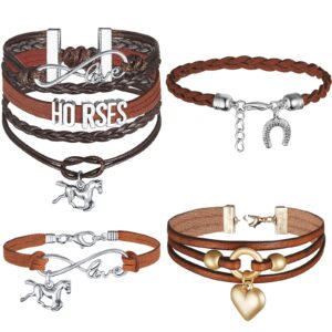 bonuci 4 pieces horse bracelet horse party favors infinity bracelet horse charm handmade leather horse bracelet adjustable jewelry (cute style)