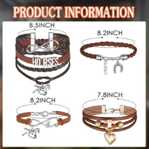 Bonuci 4 Pieces Horse Bracelet Horse Party Favors Infinity Bracelet Horse Charm Handmade Leather Horse Bracelet Adjustable Jewelry (Cute Style)