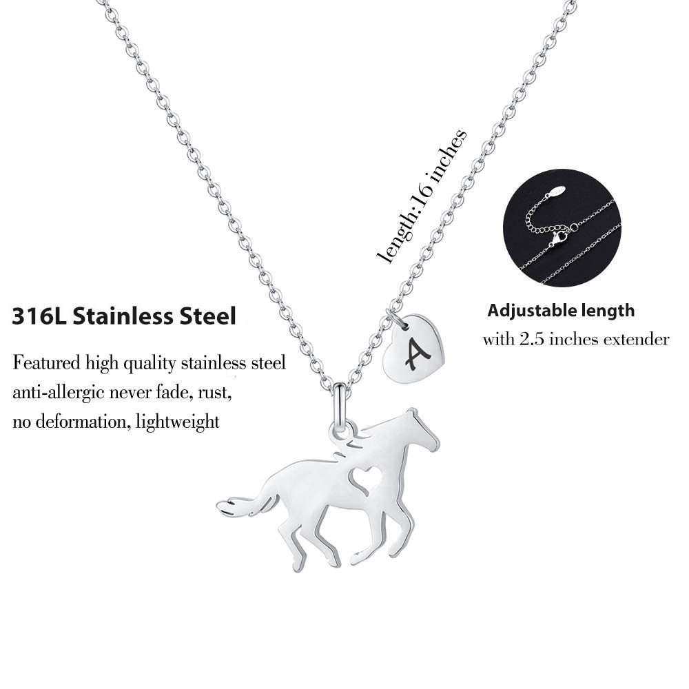 Horse Gifts for Girls Horse Necklace, Stainless Steel Heart A Initial Necklace Horse Necklace for Women Little Girls, Horse Necklace Jewelry Silver 26 Initial Letter Necklace for Girls Birthday Gifts