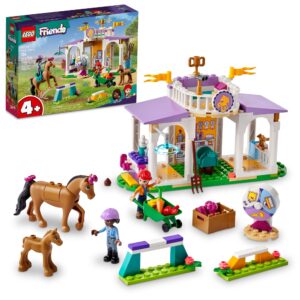 lego friends horse training 41746 toddler building toy, great birthday gift for ages 4+ with 2 mini-dolls, stable, 2 horse characters and animal care accessories