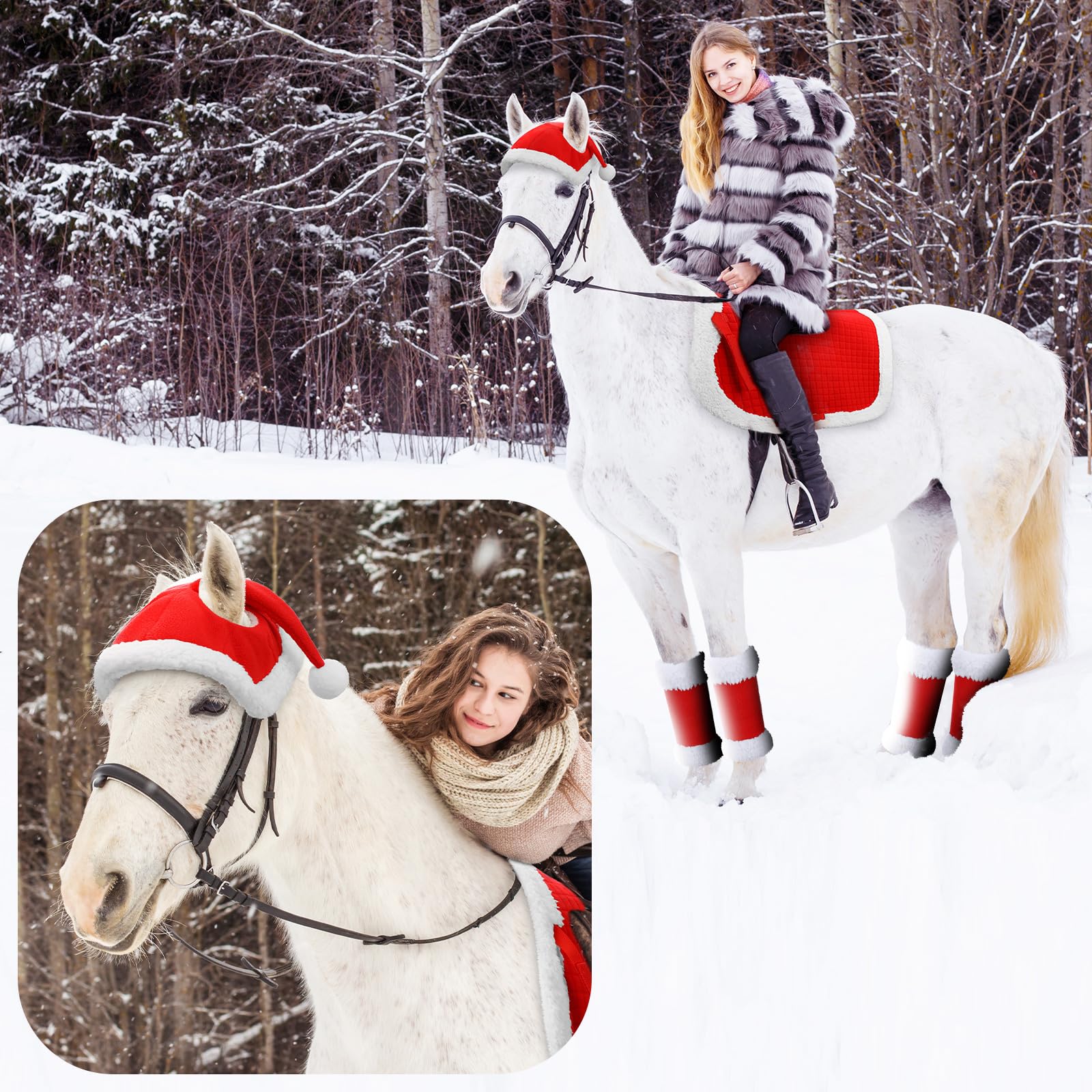 Abbylike 6 Pcs Christmas Holiday Santa Leg Wraps with Faux Fur Trim Holiday Santa Horse Hat All Purpose Santa Saddle Pad for Christmas Horse Costume Accessories