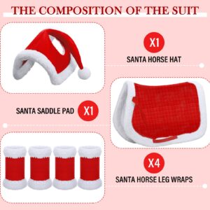 Abbylike 6 Pcs Christmas Holiday Santa Leg Wraps with Faux Fur Trim Holiday Santa Horse Hat All Purpose Santa Saddle Pad for Christmas Horse Costume Accessories