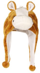 cute plush animal character winter hat fun ski cap with detailed animal face long ear straps with pom pom ends (brown horse)