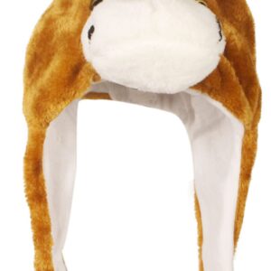 Cute Plush Animal Character Winter Hat Fun Ski Cap with Detailed Animal Face Long Ear Straps with Pom Pom Ends (Brown Horse)