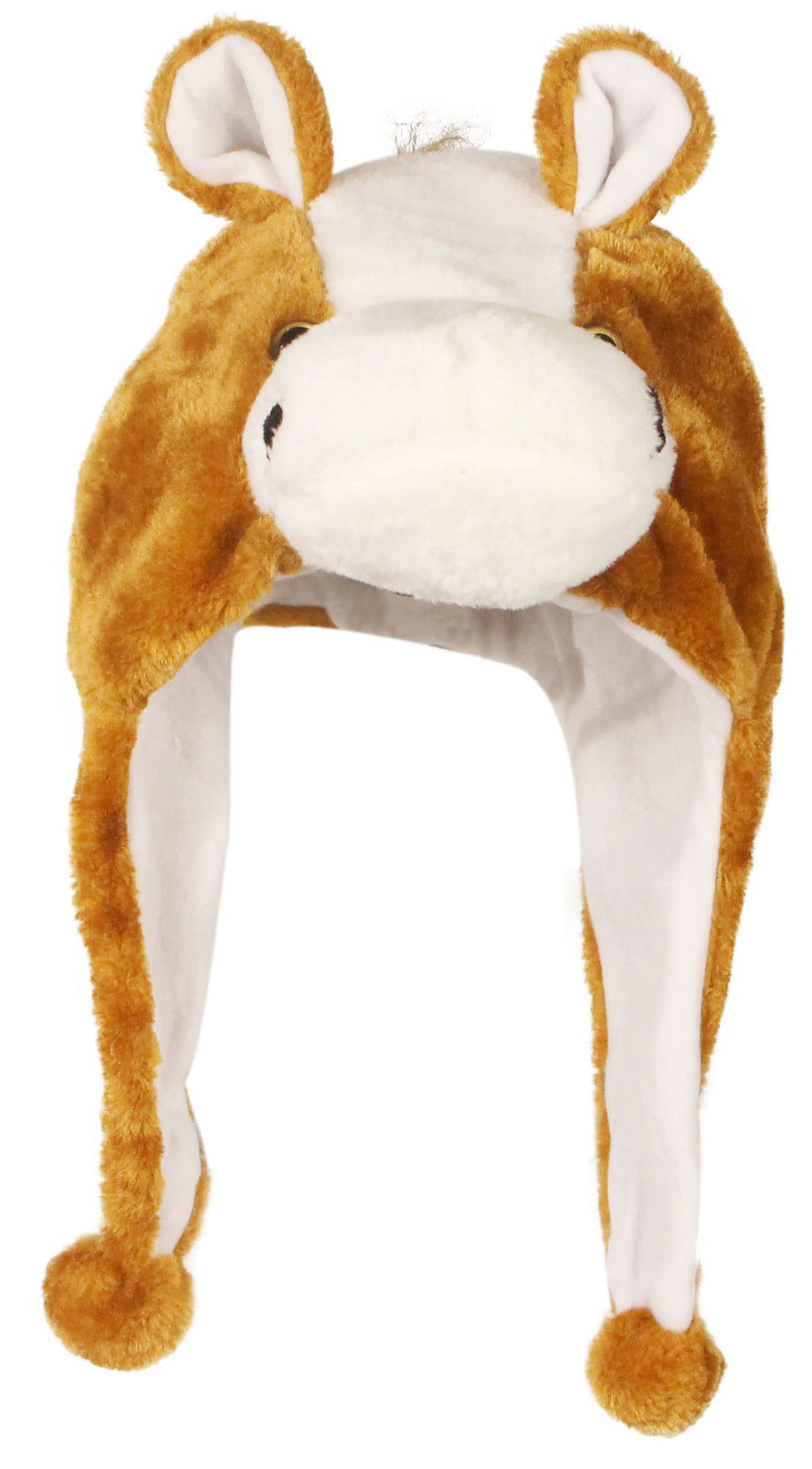 Cute Plush Animal Character Winter Hat Fun Ski Cap with Detailed Animal Face Long Ear Straps with Pom Pom Ends (Brown Horse)