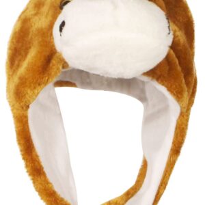 Cute Plush Animal Character Winter Hat Fun Ski Cap with Detailed Animal Face Long Ear Straps with Pom Pom Ends (Brown Horse)