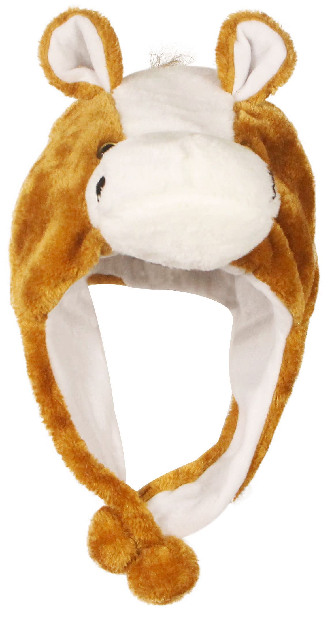 Cute Plush Animal Character Winter Hat Fun Ski Cap with Detailed Animal Face Long Ear Straps with Pom Pom Ends (Brown Horse)