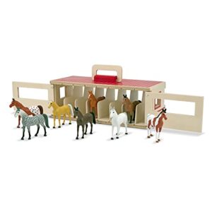 melissa & doug take-along show-horse stable with wooden box and 8 toy, barn play set, portable, toys for kids ages 3+