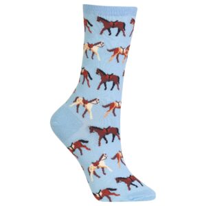 hot sox women's funny animal crew socks-1 pair pack-cool & cute wordplay novelty fashion gifts, horses (light blue), 4-10