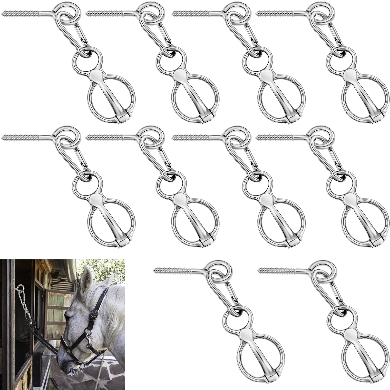 Nuenen Horse Tie Ring Stainless Steel Horse Tack and Supplies Safety Horse Accessories with Eye Bolts and Snaps Saddle Horse Training Equipment for Pulling(Silver,3 Sets)