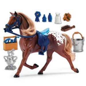 sunny days entertainment appaloosa horse with moveable head, realistic sound and 14 grooming accessories - blue ribbon champions deluxe toy horses