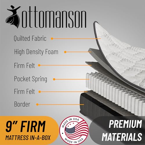 Ottomanson 9" Full Mattress in a Box Made in USA, Firm Mattress, Hybrid Mattress Cool Improved Airflow with Edge to Edge Pocket Coil, Bed in A Box, Ottopedic