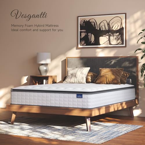 Vesgantti Queen Mattresses, 10 Inch Hybrid Queen Size Mattress in a Box, Pillow Top Queen Bed Mattress, Gel Memory Foam Pocket Coils Innerspring Mattresses, Pressure Relief, Medium Firm Plush Feel