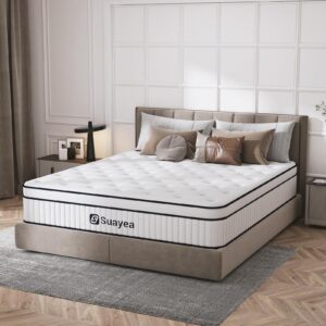 suayea queen mattress, 10 inch queen size mattress in a box, medium firm matterss with pocket spring and soft foam, ultimate motion isolation, strong edge support, hybrid mattress