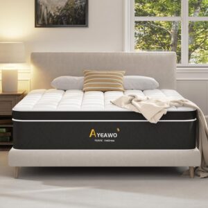 ayeawo queen mattress, 12 inch hybrid mattress queen size with pressure relief foam and pocket springs, motion isolation and supportive, breathable fabric, queen size mattress in a box, medium firm