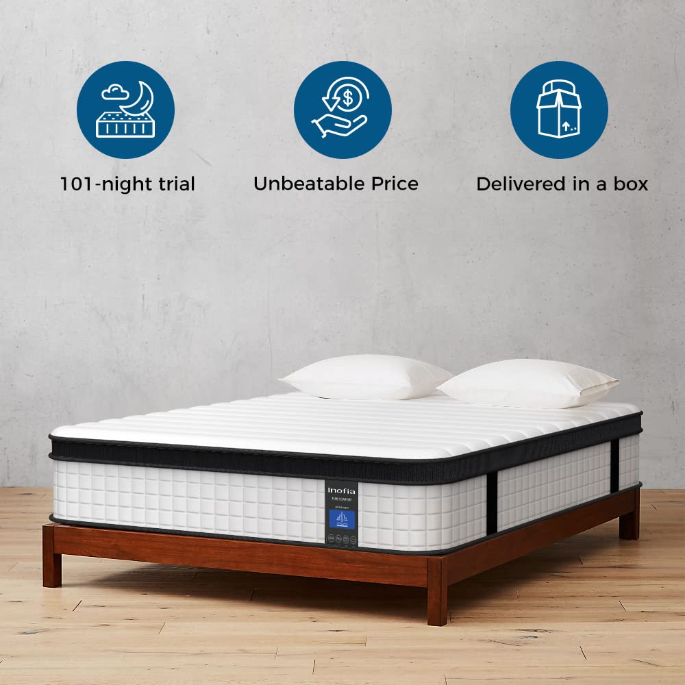 Inofia King Mattress, 12 Inch Hybrid Innerspring King Size Mattress, Cool Bed with Breathable Soft Knitted Fabric Cover, 101 Nights Trial