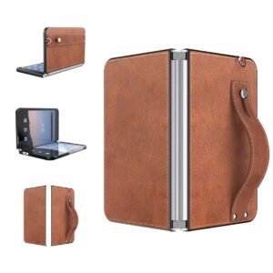 foluu for microsoft surface duo case, surface duo leather case 2020, [slim & lightweight] pu leather back cover hard pc holder with hand strap protective phone case for microsoft surface duo (brown)