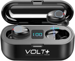 volt plus tech wireless v5.0 bluetooth earbuds compatible with microsoft surface duo 2 led display, mic 8d bass ipx7 waterproof/sweatproof (black)