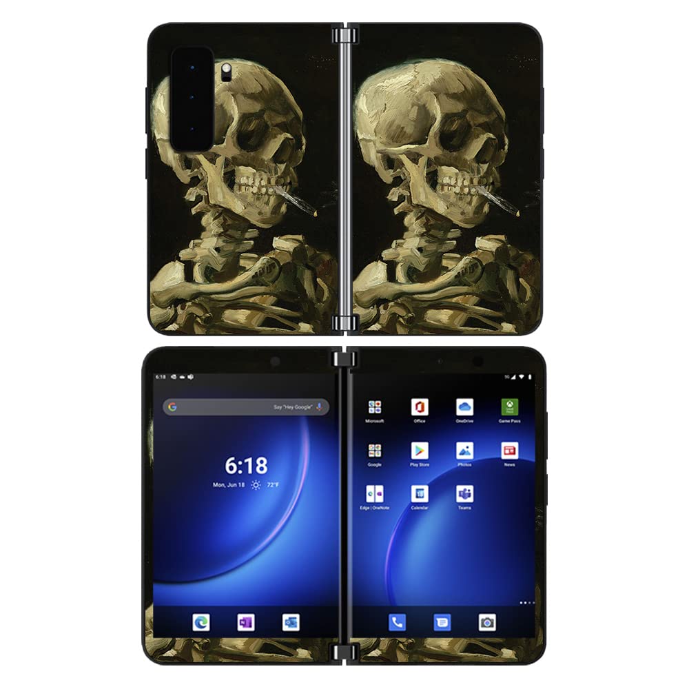 MightySkins Skin Compatible with Microsoft Surface Duo 2 - Skull with Cigarette | Protective, Durable, and Unique Vinyl Decal wrap Cover | Easy to Apply | Made in The USA