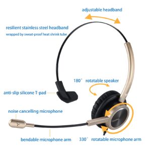 Yexatel USB Headset with Microphone for PC, Computer Headset for Work, Wired Gold Headset with Mic Mute Volume Control, Office Headset for Teams 3CX Skype Online Meeting Voice Recognition-Y809GUC