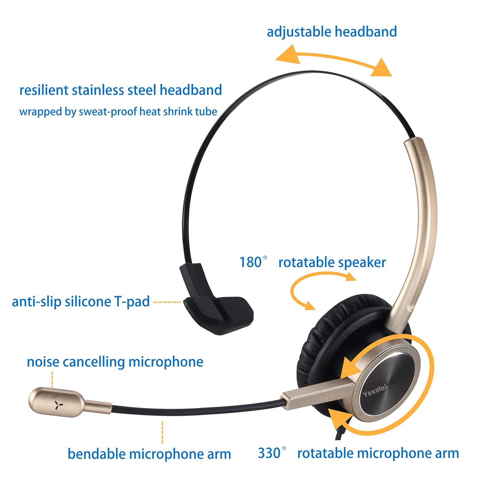 Yexatel USB Headset with Microphone for PC, Computer Headset for Work, Wired Gold Headset with Mic Mute Volume Control, Office Headset for Teams 3CX Skype Online Meeting Voice Recognition-Y809GUC