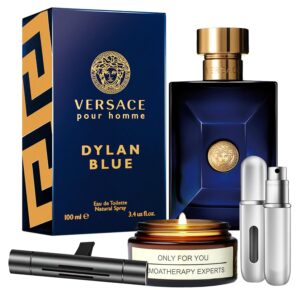 dylan blue cologne for men, 3.4 oz.eau de toilette spray - gift set pack with lavender soy candle, car air fresheners, and empty travel perfume atomizer