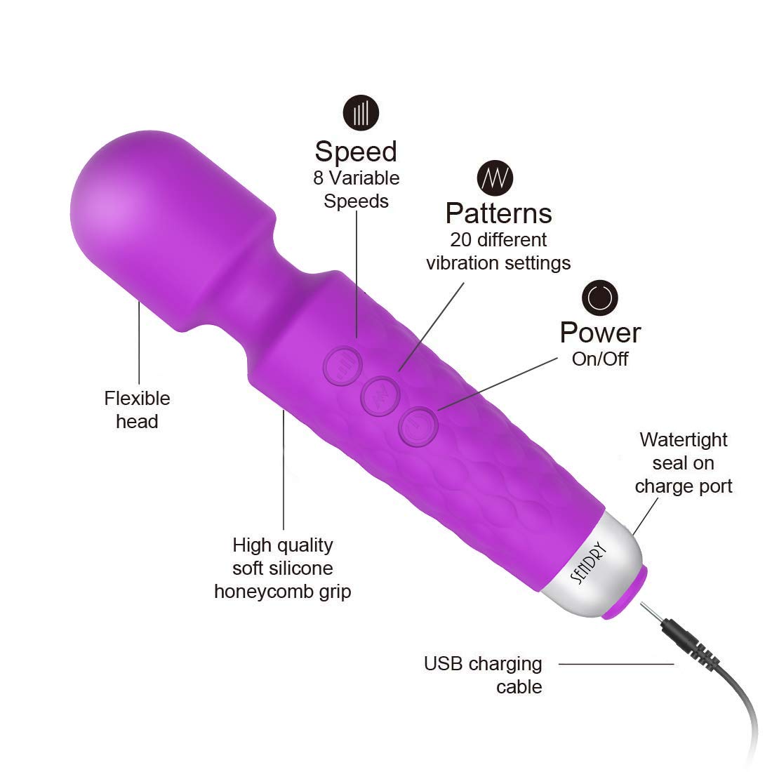 Female Vibrator, G-Spot & Sex Toy, 20 Modes & 8 Speeds Wand Massager, Quiet, Waterproof, USB Rechargeable Vibrator, Hand-Held Cordless Sex Toys Vibrator for Her Pleasure, Female Adult Toy - Purple