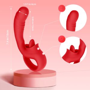 Clitoral Licking G Spot Vibrator, 2 in 1 Nipple Clitoralis Stimulator with 10 Licking & Vibrating Modes, Rechargeable Strapless Strap-On Realistic Dildo Vibrator, Adult Sex Toys for Women Couple (Red)