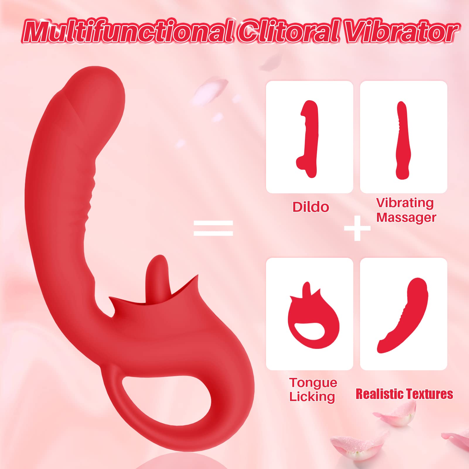 Clitoral Licking G Spot Vibrator, 2 in 1 Nipple Clitoralis Stimulator with 10 Licking & Vibrating Modes, Rechargeable Strapless Strap-On Realistic Dildo Vibrator, Adult Sex Toys for Women Couple (Red)