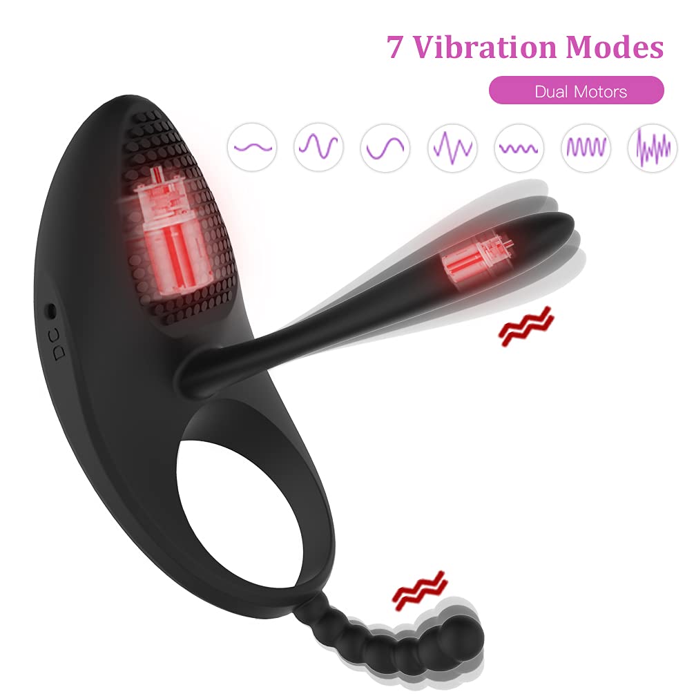 Vibrating Cock Ring with Tongue Clitoral Stimulator Raised Nodules Anal Beads for Couple Play, Utimi Penis Ring Wearable Vibrator with 7 Vibration Modes Dual Motors for Longer Harder Erection