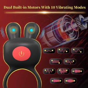 Vibrating Cock Ring with Bunny Ears, Dual Silicone Penis Ring Couple Male Vibrator Sex Toy for Clitoris Testicles Taint Stimulation, Adult Couples Sex Toys, Vibrators Rings for Men Couples Pleasure