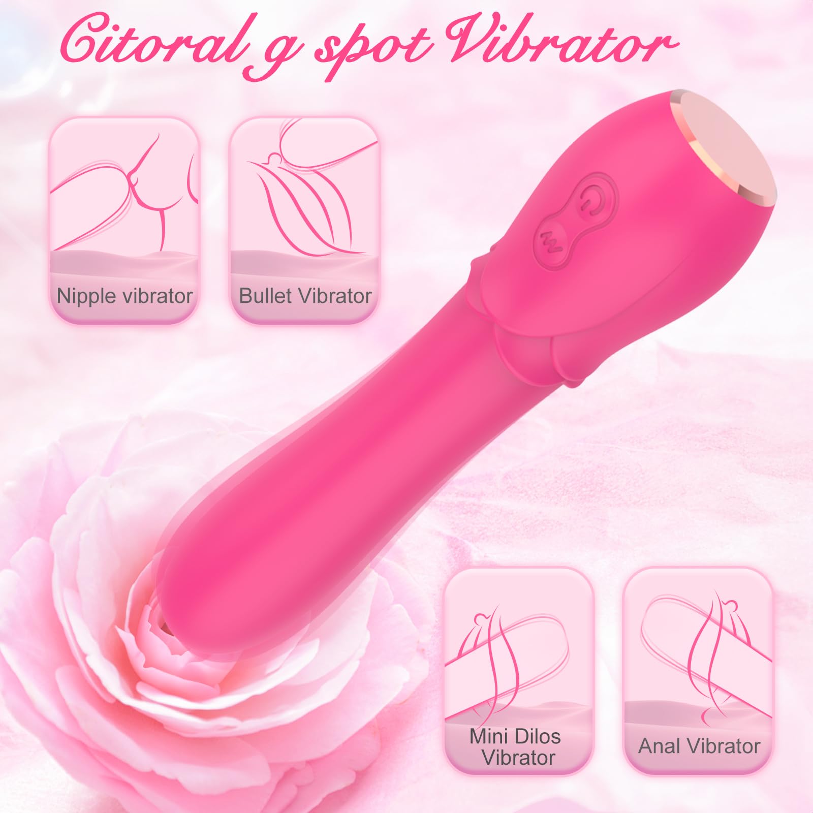 Clitoral G Spot Vibrator with 10 Vibration Modes, Powerful Soft Silicone Dildo Massager Vibrators for Anal Stimulation, Rose Sex Toys for Women