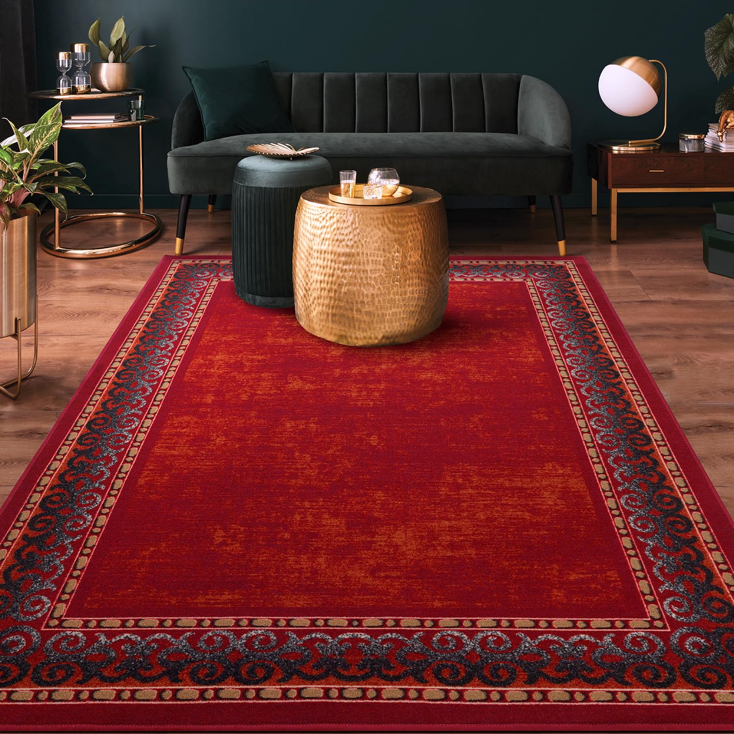 Antep Rugs Alfombras Bordered Modern 4x6 Non-Slip (Non-Skid) Low Pile Rubber Backing Indoor Area Rug (Maroon Red, 4' x 5'8")