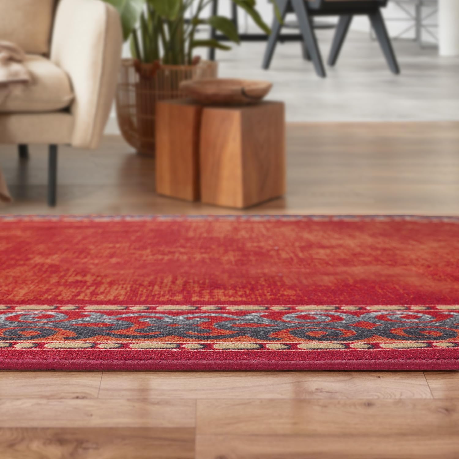 Antep Rugs Alfombras Bordered Modern 4x6 Non-Slip (Non-Skid) Low Pile Rubber Backing Indoor Area Rug (Maroon Red, 4' x 5'8")