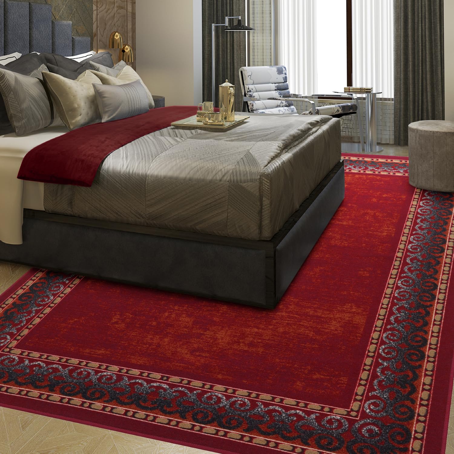 Antep Rugs Alfombras Bordered Modern 4x6 Non-Slip (Non-Skid) Low Pile Rubber Backing Indoor Area Rug (Maroon Red, 4' x 5'8")