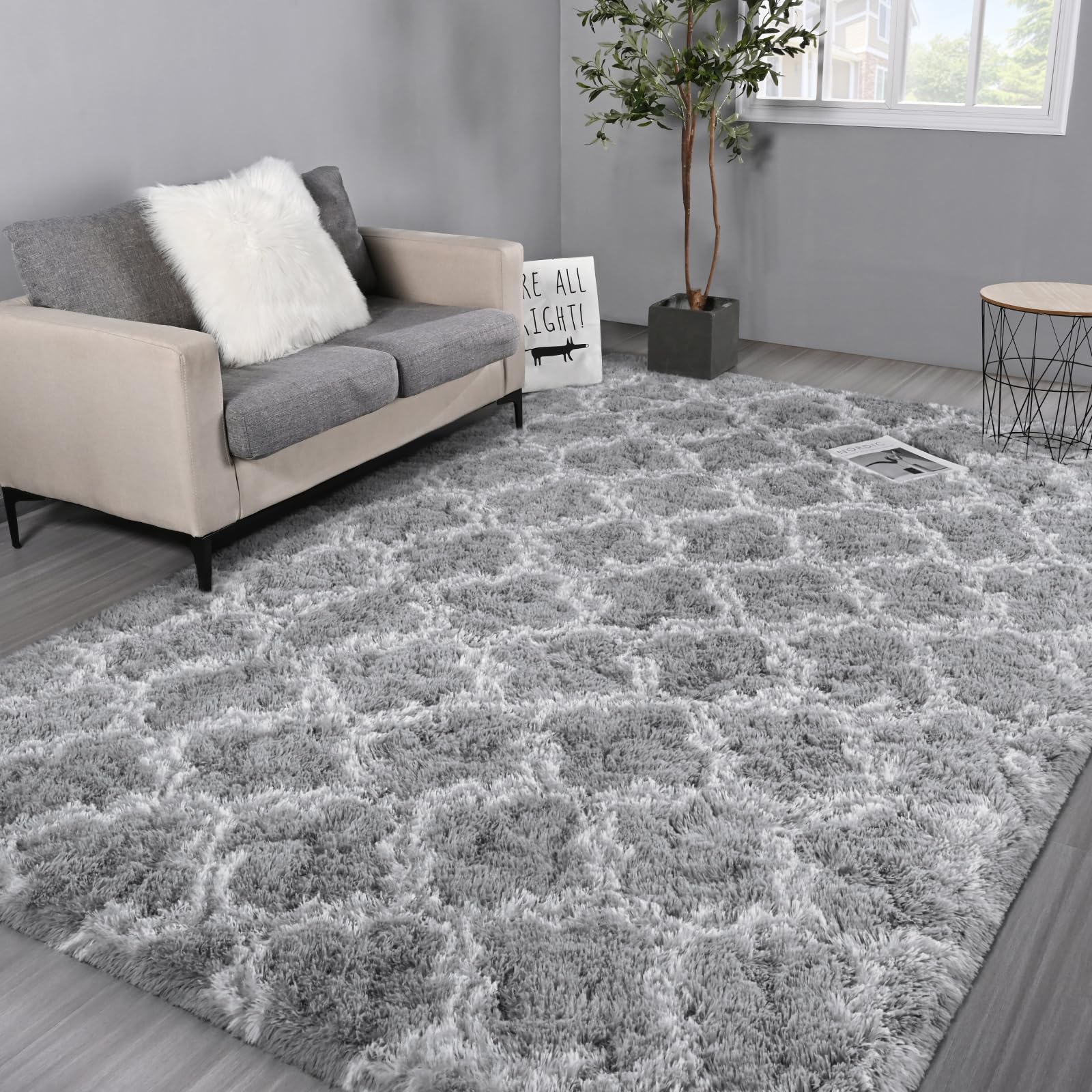 Hutha 4x6 Shag Large Area Rugs for Living Room, Light Grey Modern Super Soft Bedroom Carpet, Moroccan Luxury Geometric Plush Fluffy Rug for Kids Nursery Girls Room Indoor Home Decor