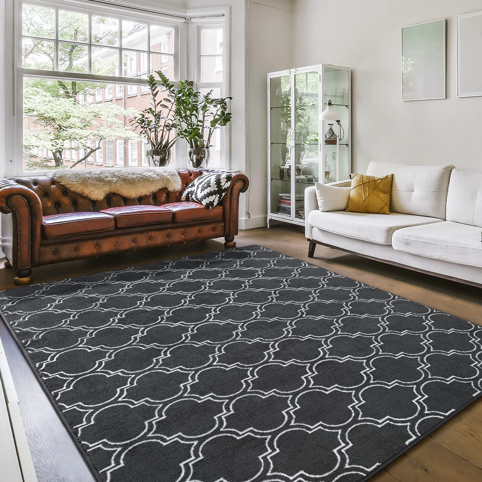 Amearea Fluffy Indoor Trellis Rug, Soft Moroccan Home Rugs for Bedroom, Shag Modern Area Rug for Living Room Kids Room Nursery, Easy Clean, Geometry Home Decor Low Pile Carpet, Dark Grey 4x6 Feet