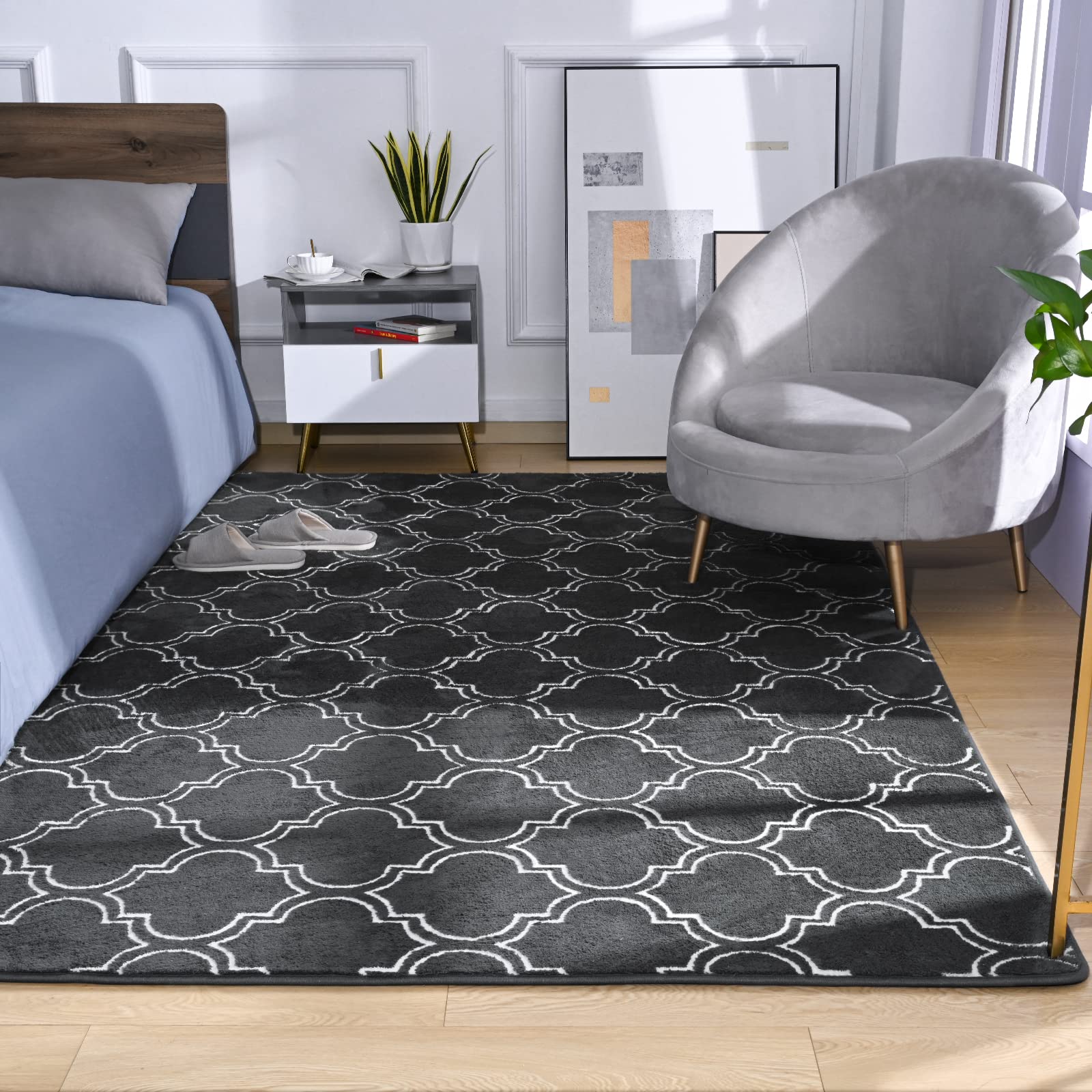 Amearea Fluffy Indoor Trellis Rug, Soft Moroccan Home Rugs for Bedroom, Shag Modern Area Rug for Living Room Kids Room Nursery, Easy Clean, Geometry Home Decor Low Pile Carpet, Dark Grey 4x6 Feet