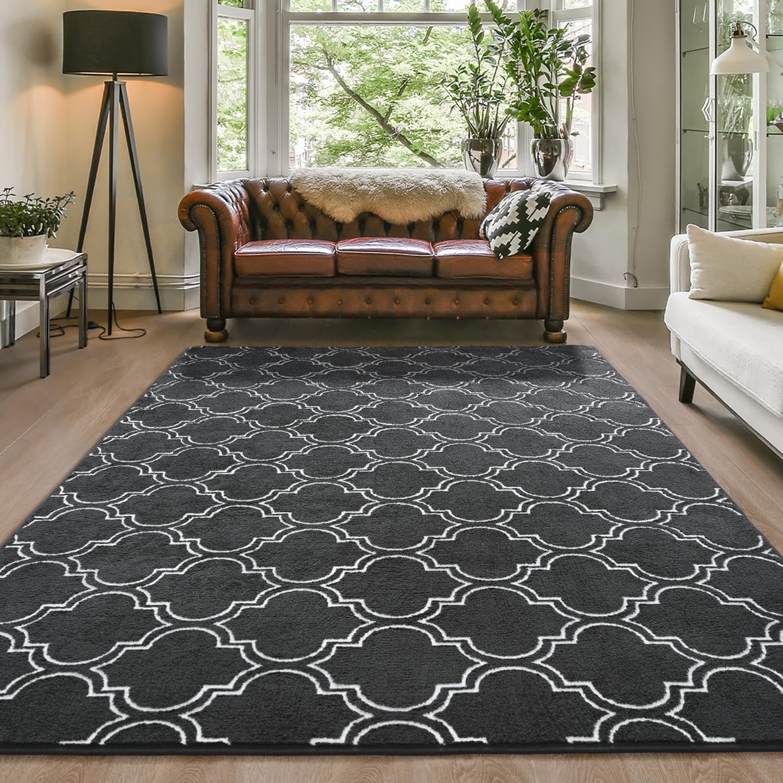 Amearea Fluffy Indoor Trellis Rug, Soft Moroccan Home Rugs for Bedroom, Shag Modern Area Rug for Living Room Kids Room Nursery, Easy Clean, Geometry Home Decor Low Pile Carpet, Dark Grey 4x6 Feet