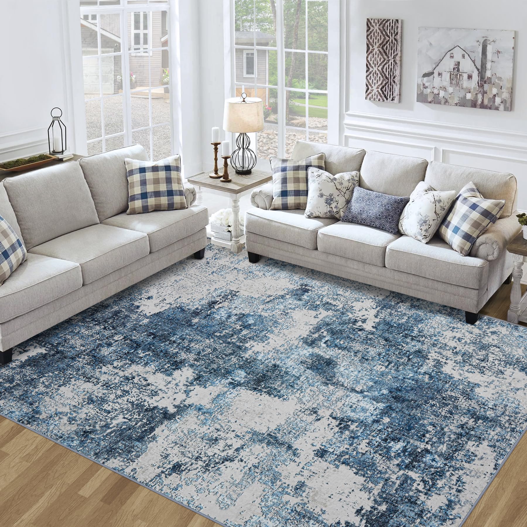 Area Rug Living Room Rugs: 5x7 Washable Rug with Anti-Slip Backing Non-Shedding Stain-Resistant Foldable Modern Abstract Carpet for Bedroom Dining Room Nursery Home Office (Blue)