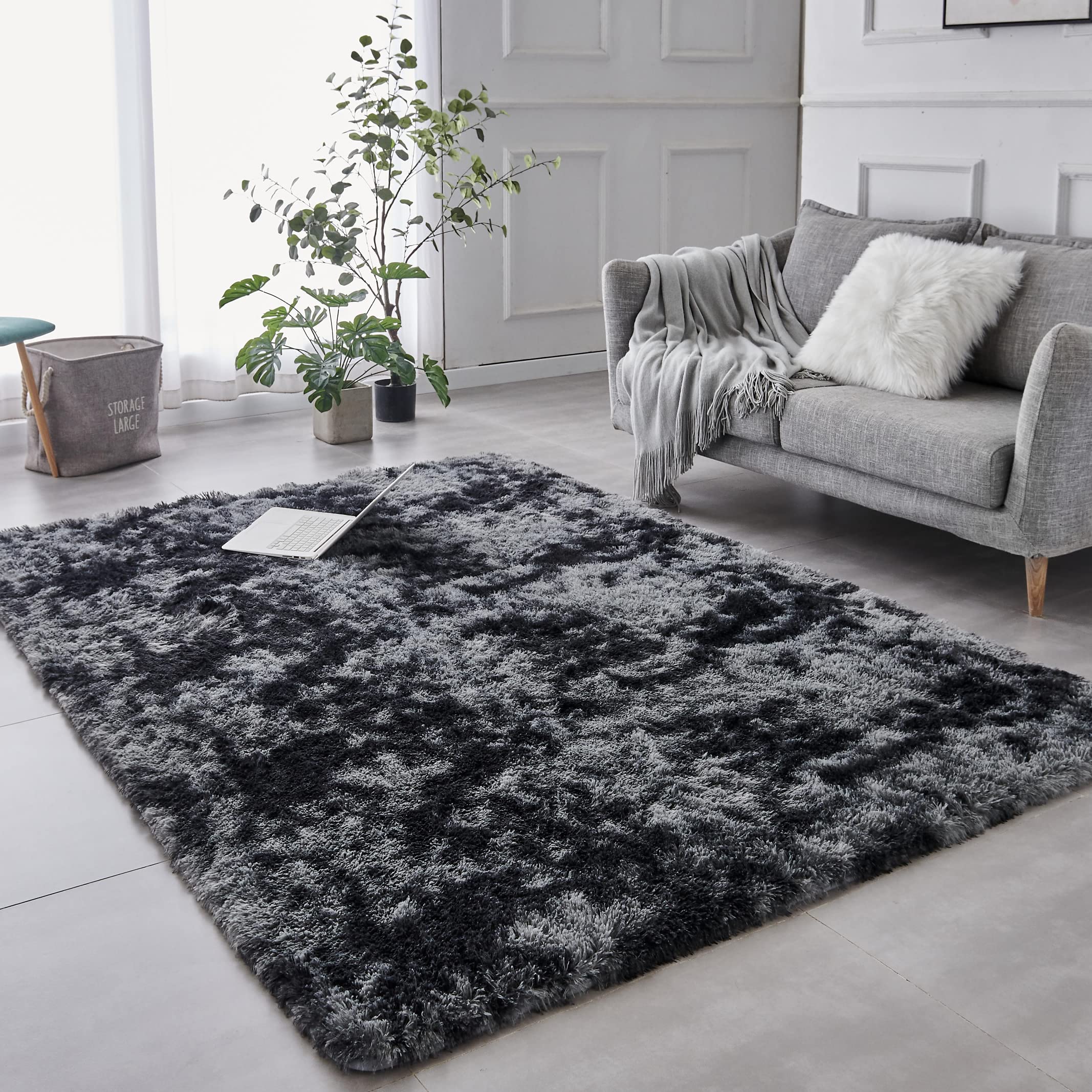 TABAYON 8 x 10 Feet Shag Area Rugs, Ultra Soft Indoor Modern Nursery Rug, Tie-Dyed Dark Grey Plush Shaggy Throw Carpets for Boy and Girls Room Dorm Living Room