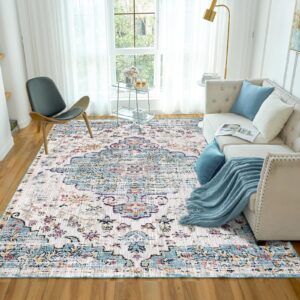 vk vk·living machine washable rug 4'x6' vintage design washable area rugs with non slip rugs for living room bedroom traditional woven rug carpet stain resistant dining home office boho rug,cyan&white