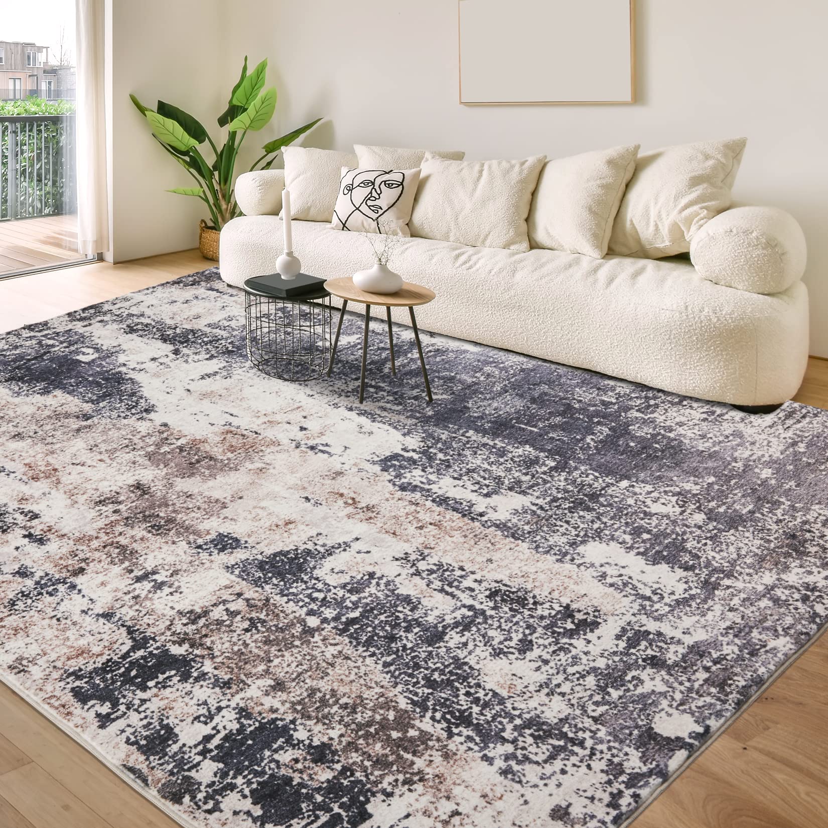 Area Rug Living Room Rugs: 8x10 Large Soft Indoor Carpet Modern Abstract Decor Rug with Non Slip Rubber Backing for Under Dining Table Nursery Home Office Bedroom Gray Brown